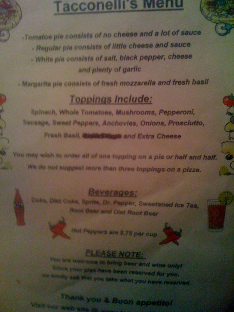 Menu at Tacconelli's Pizza pizzeria, Philadelphia
