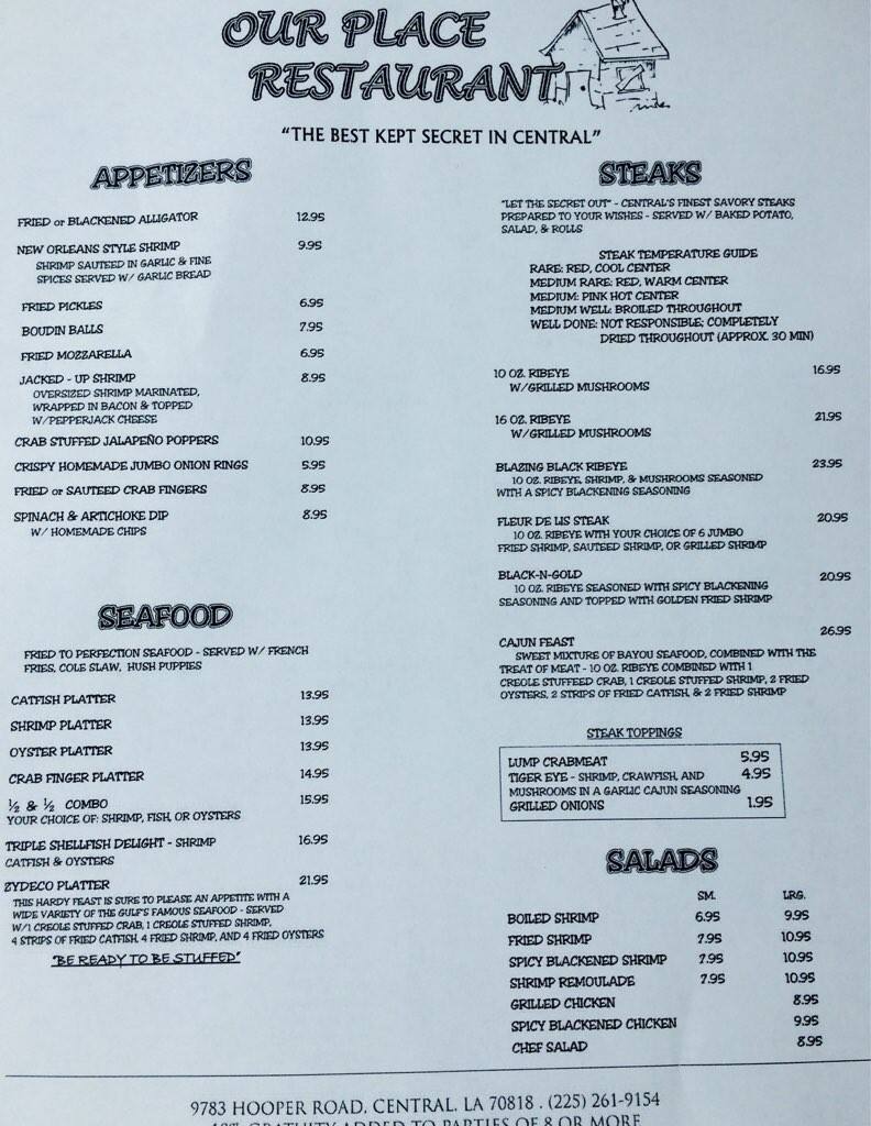 Our Place Seafood & Steak Menu - Urbanspoon/Zomato