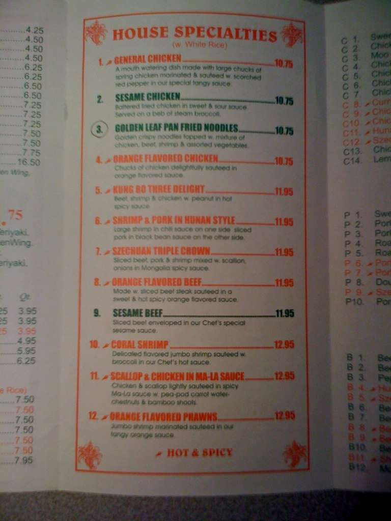 Menu at Golden Leaf Restaurant, Hampstead, 259 Main St