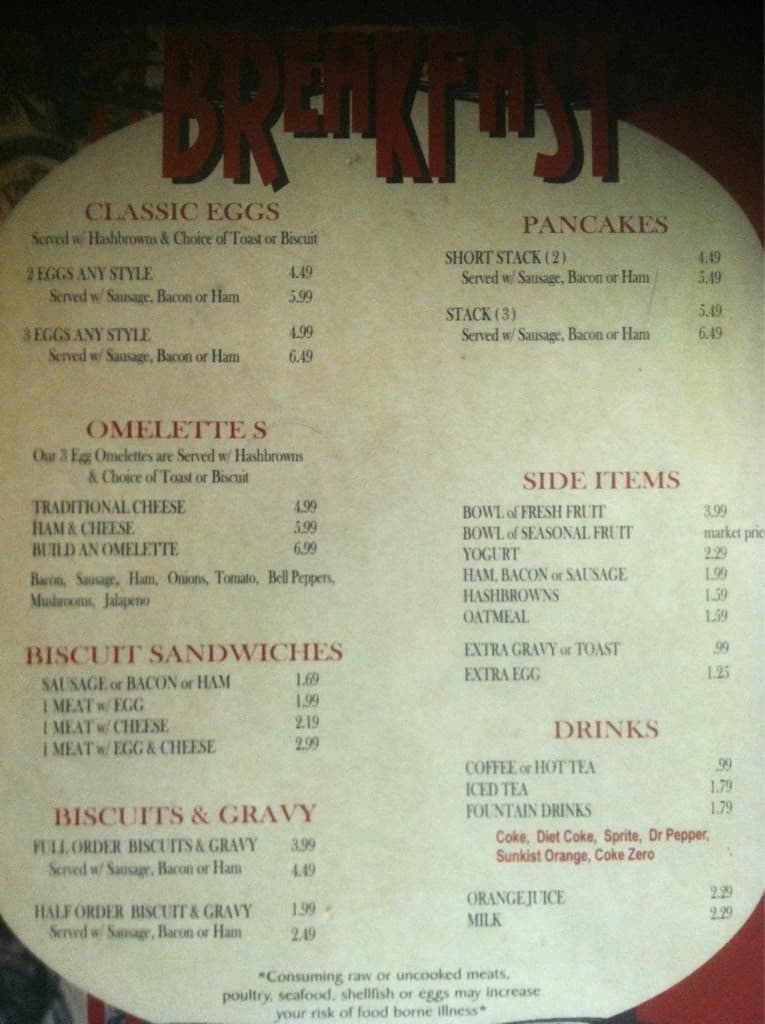 Menu at Ol' Biddy Cafe, Stratford
