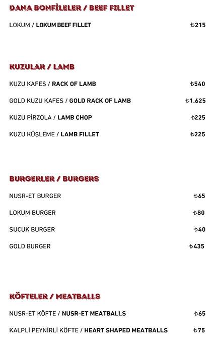 Menu at Nusr-Et, Maslak Mahallesi, Esentepe Mah. Büyükdere Cad. No:185