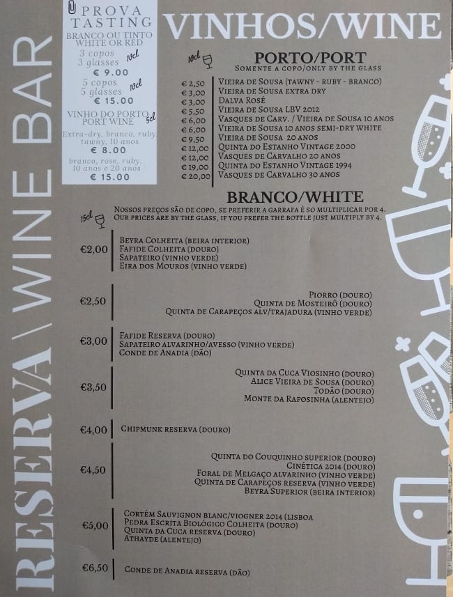 Menu at Reserva Wine bar, Matosinhos