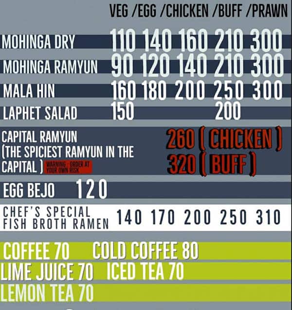 Menu of Mohinga The Taste Of Myanmar, Safdarjung, New Delhi