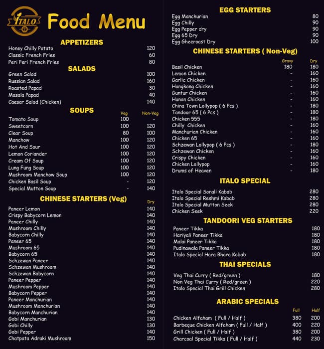 Menu at Italo Multicuisine Restaurant, Manipal, Door 75/20