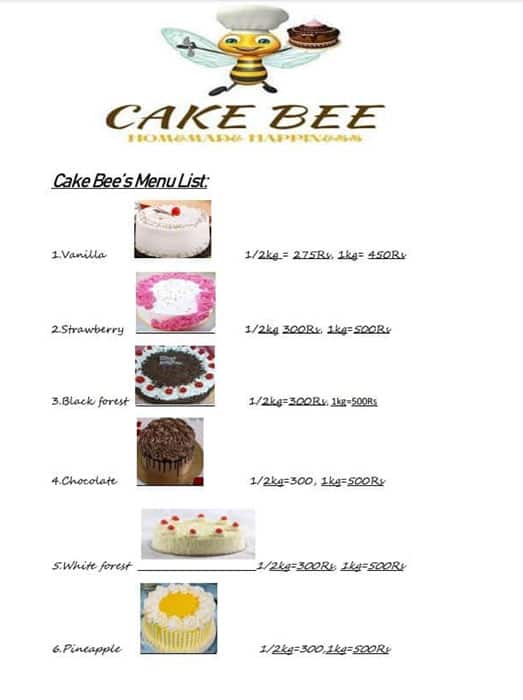 Menu of Cake Bee, Majestic, Bangalore