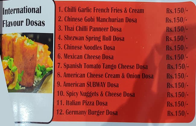 Menu of The Dosas & Pizzas, Arumbakkam, Chennai
