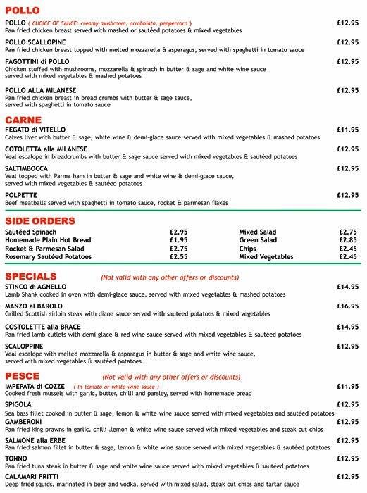 Menu at Cafe La Divina, London