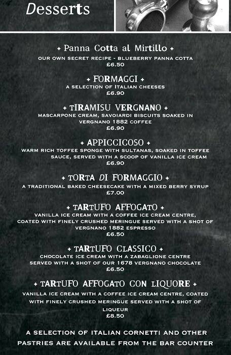 Carta del café Caffe vergnano, Londres, 62 Charing Cross Rd