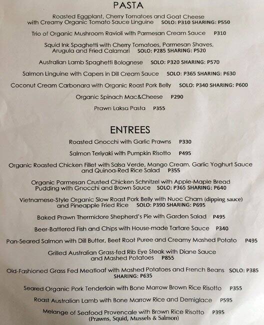 Menu at Potts Point cafe, Pasay