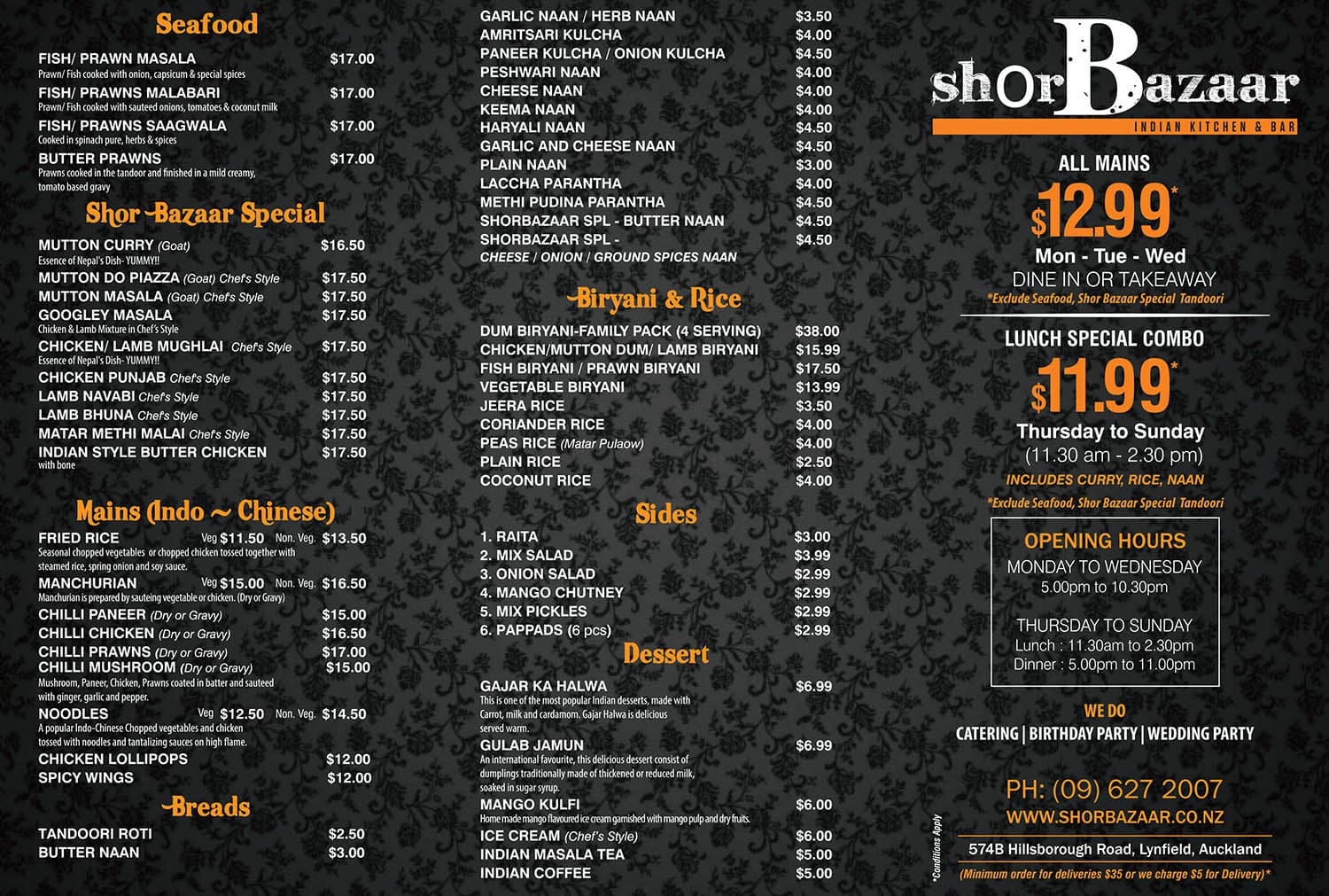 Menu at Shor bazaar restaurant, Auckland