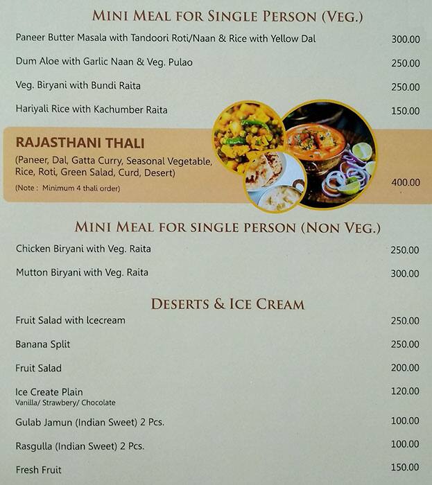 Menu at Karnot Mahal, Jaipur