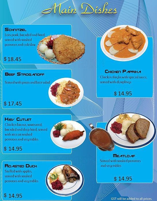 Menu at Ukrainian Village restaurant, Vancouver