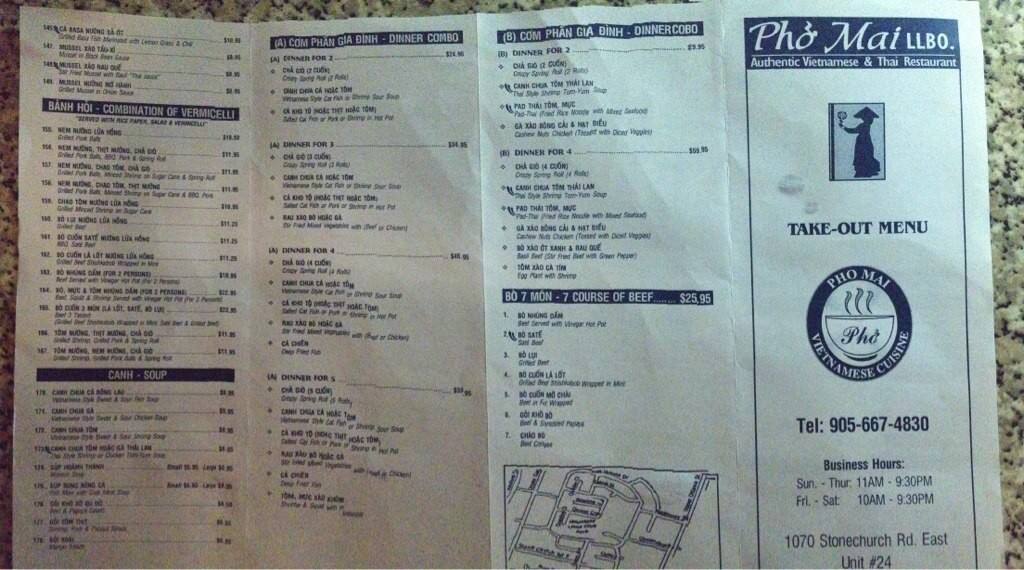 Menu at Pho Mai restaurant, Hamilton