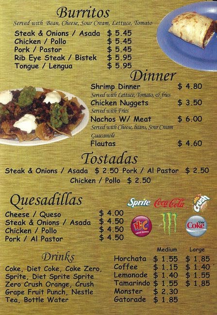 Menu at Raymond's Tacos restaurant, Chicago, W Cermak Rd