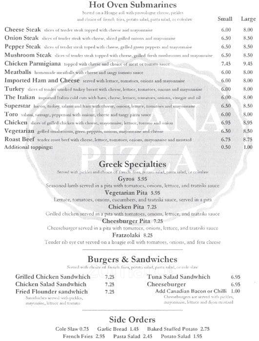 Menu at Juliana Pizza pizzeria, Charlotte