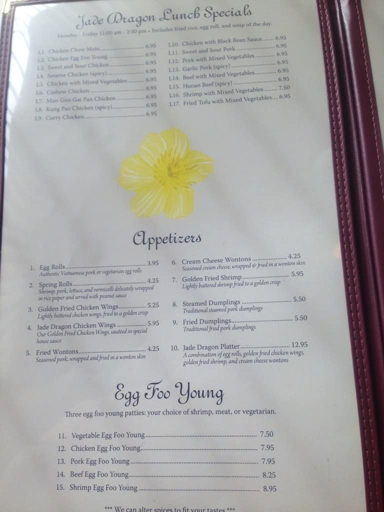 Menu at Jade Dragon restaurant, Fargo