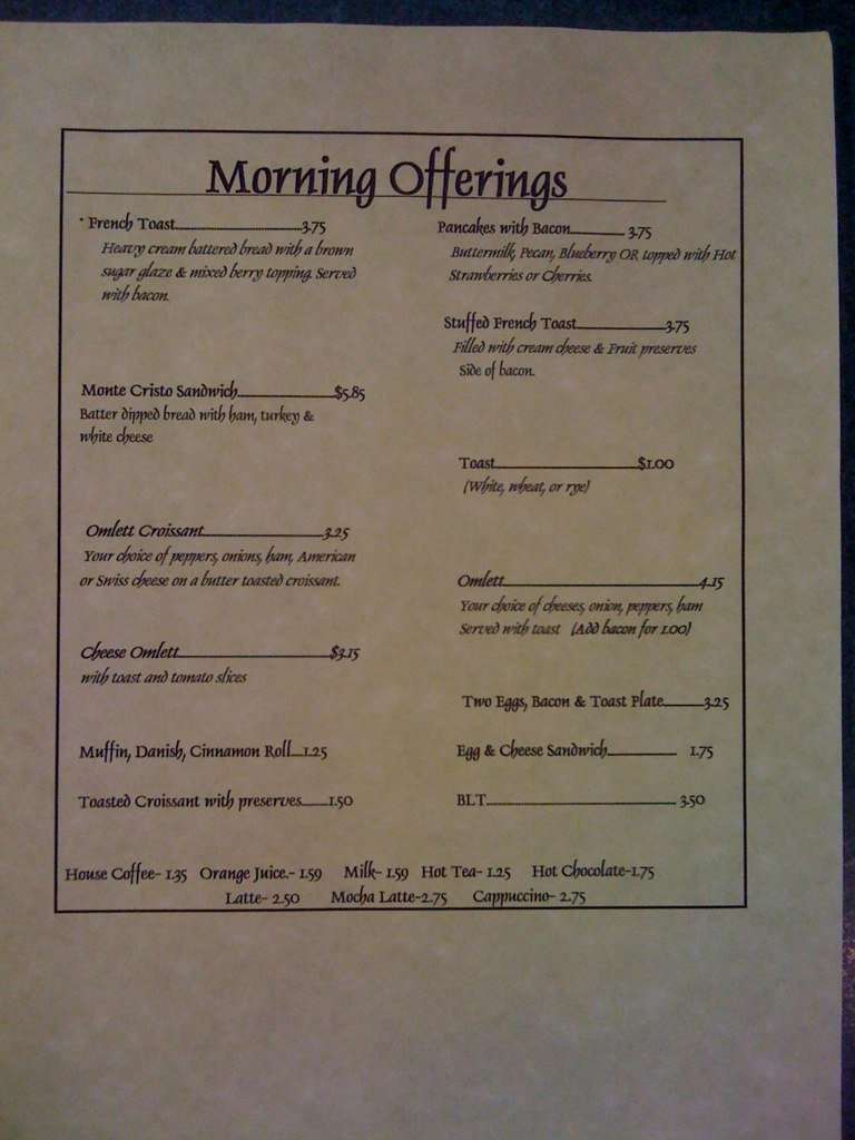 Menu at Soda Fountain restaurant, Kenova