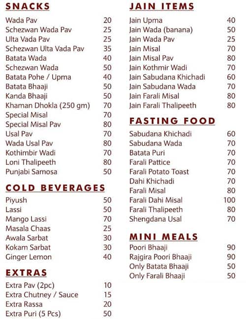 Menu of Panshikar, Ghatkopar East, Mumbai