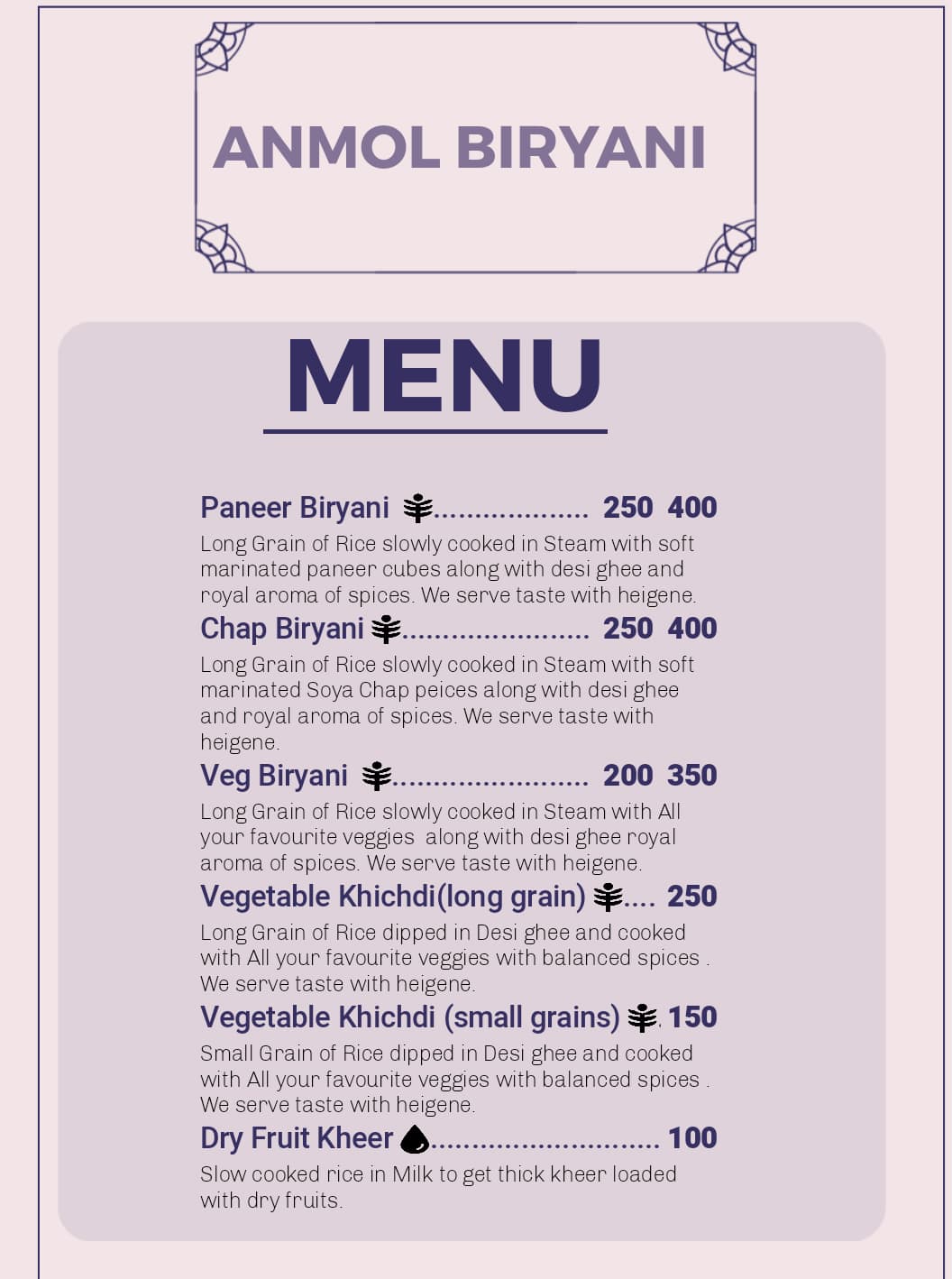 Menu of Anmol Biryani, Mayur Vihar Phase 3, New Delhi