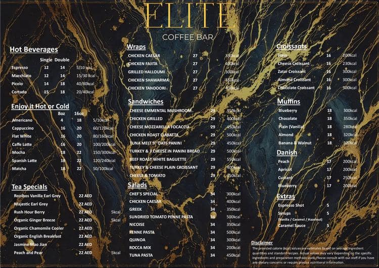 Menu of Cafe Elite, Jumeirah Lake Towers (JLT), Dubai