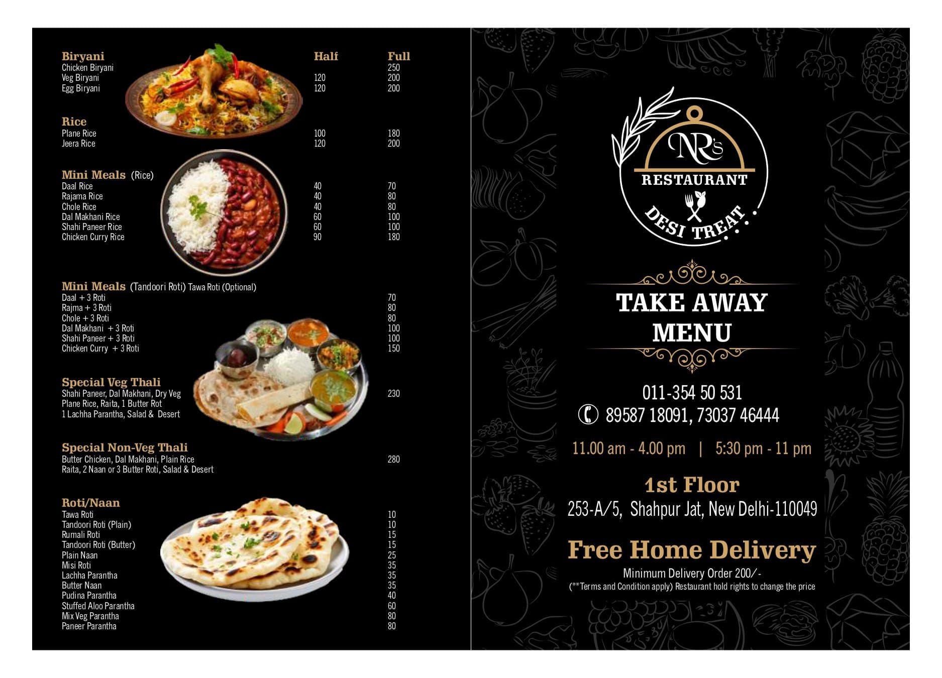 Menu of NR's Desi Treat, Hauz Khas, New Delhi