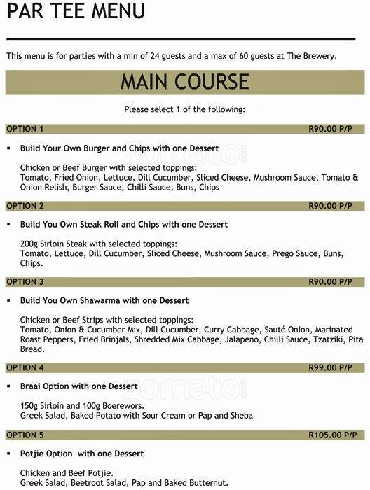 Menu at The Brewery, Randburg