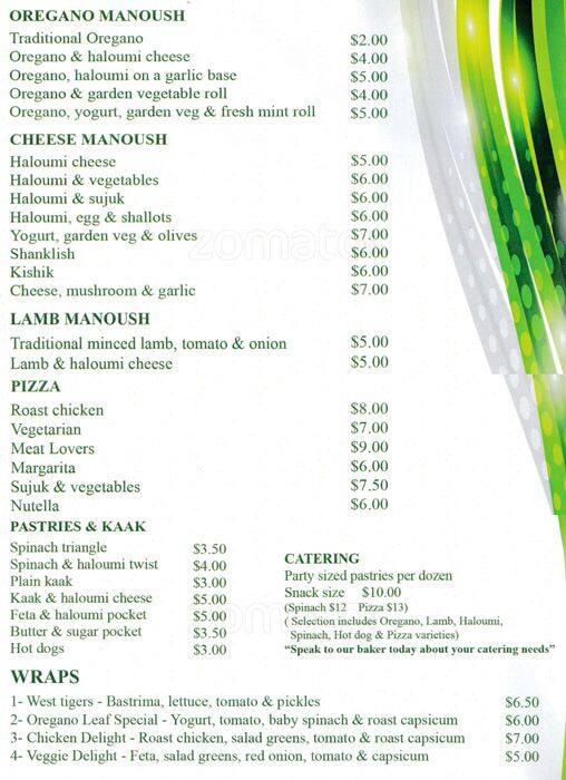 Menu at Oregano Leaf Bakery, Campbelltown