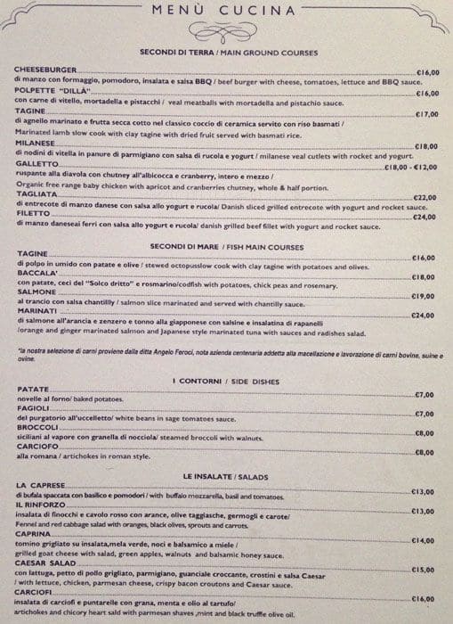 Menu at Ristorante Dillà, Rome
