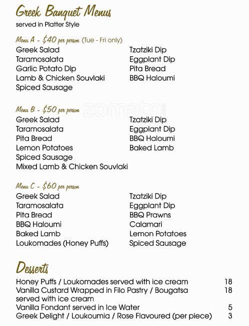 Carta de The Olive Greek Restaurant & Bar, Harris Park