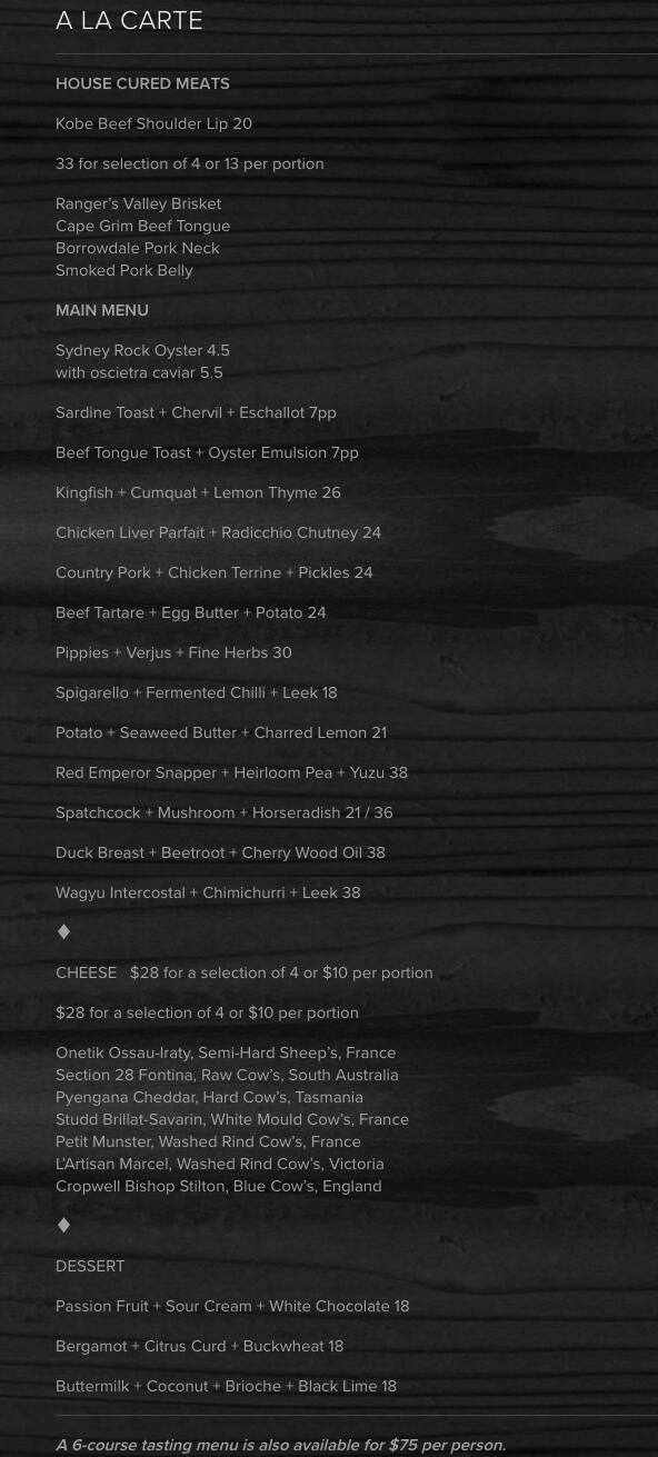 Menu at Monopole restaurant, Potts Point, 71A Macleay Street
