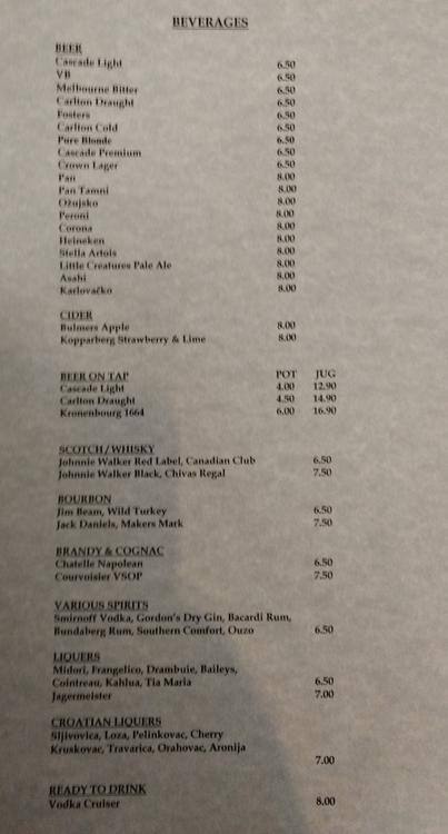 Menu at The Croatian Club - Katarina Zrinksi Restaurant, Footscray