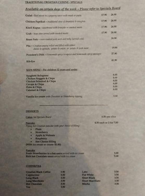 Menu at The Croatian Club - Katarina Zrinksi Restaurant, Footscray