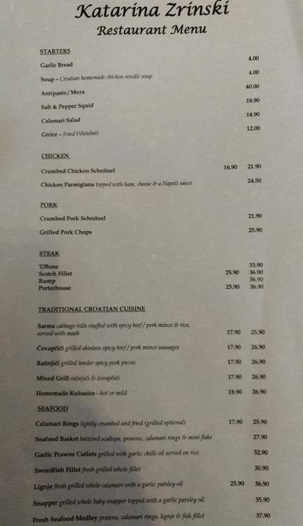 Menu at The Croatian Club - Katarina Zrinksi Restaurant, Footscray
