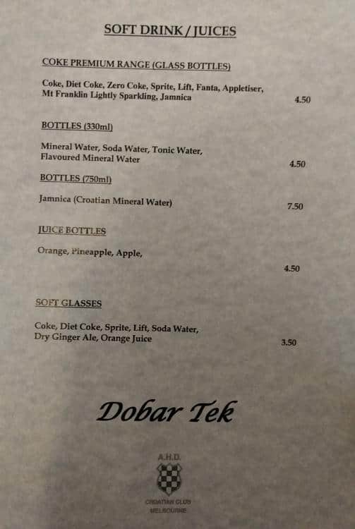 Menu at The Croatian Club - Katarina Zrinksi Restaurant, Footscray