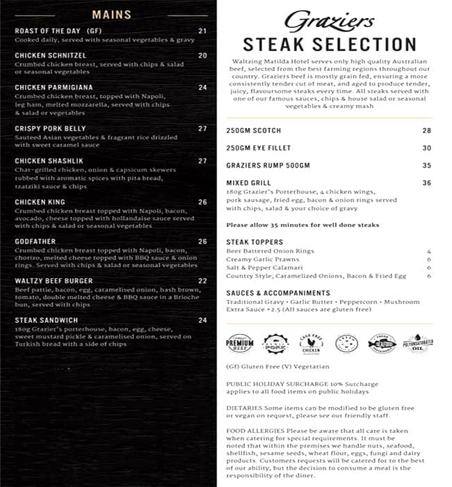 Menu at Waltzing Matilda Hotel pub & bar, Springvale