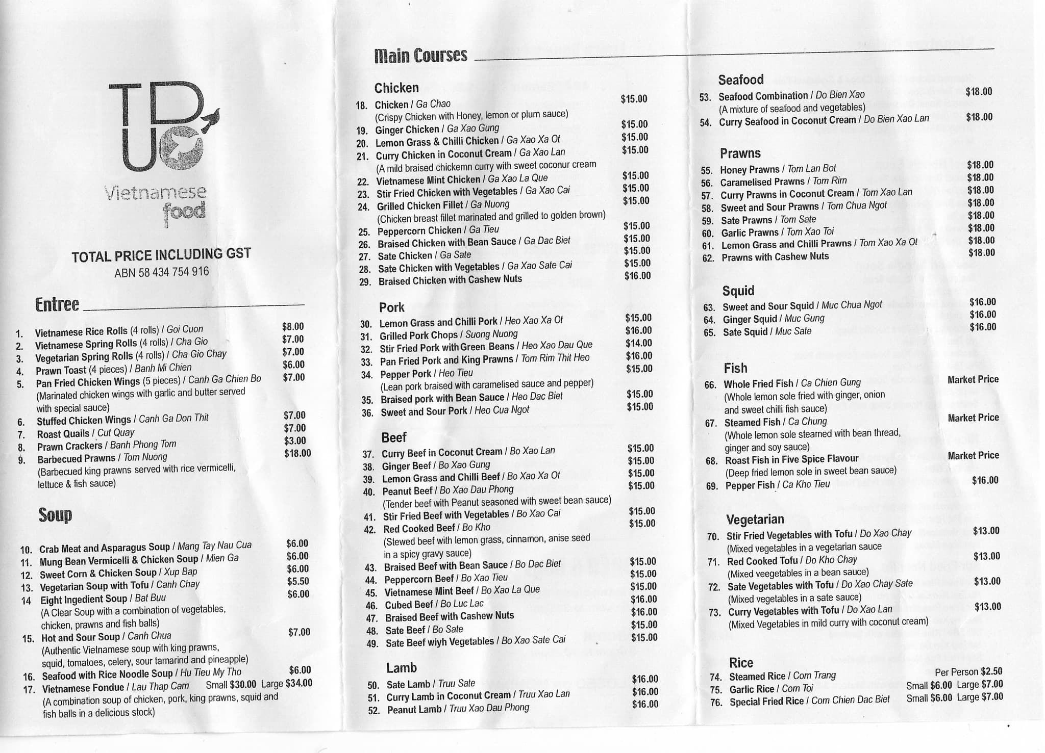 Menu at Tu Do Vietnamese fast food, O'Connor