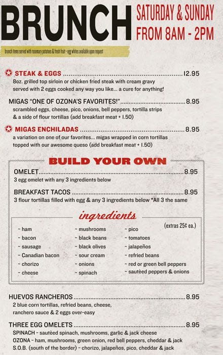 Menu at Ozona Grill and Bar, Dallas