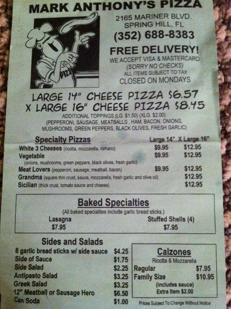 Mark Anthony Pizza Menu, Menu for Mark Anthony Pizza, Spring Hill ...
