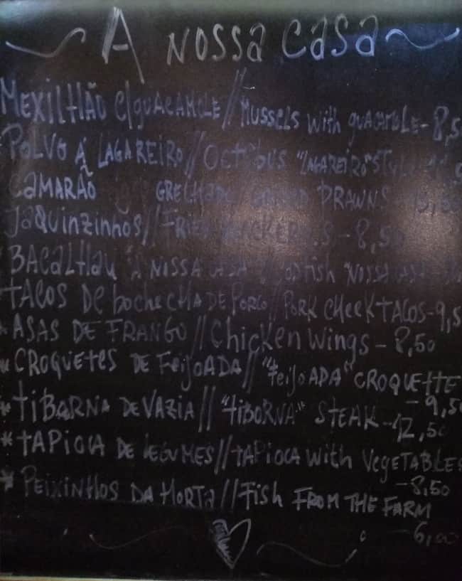 Menu at A Nossa Casa restaurant, Lisbon, R. da Atalaia 31