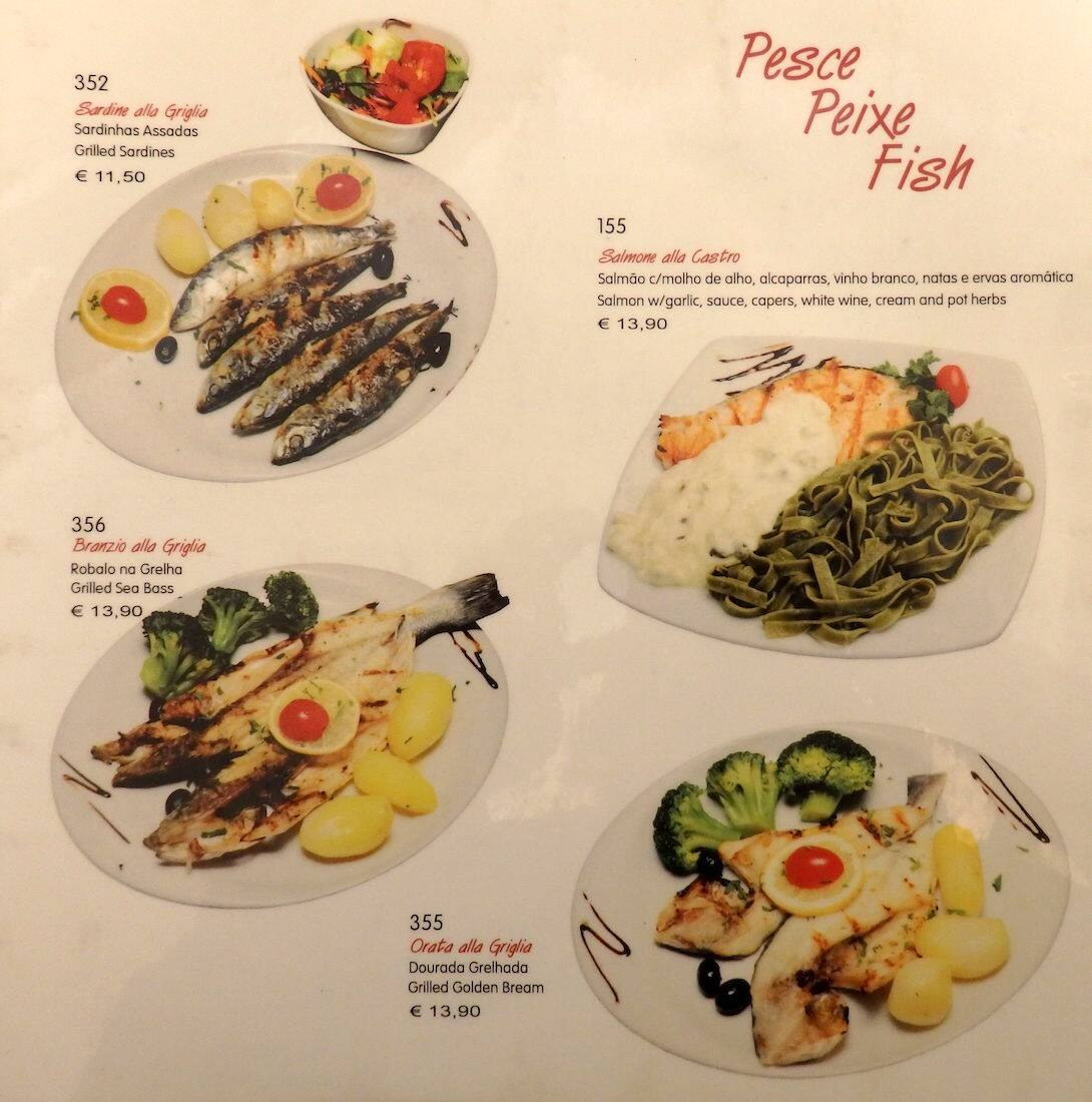 Menu at Al Dante restaurant, Lisbon