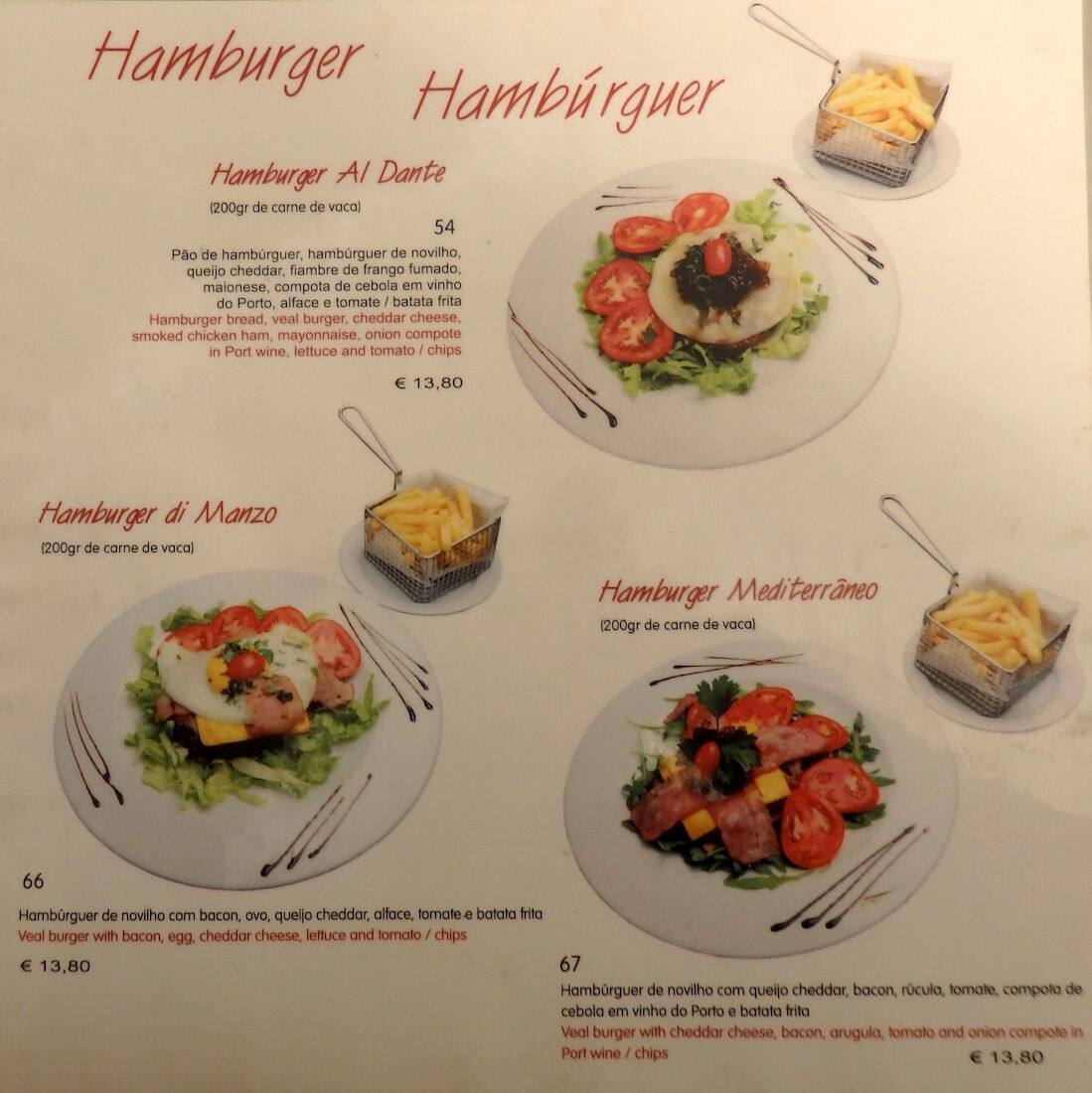Menu at Al Dante restaurant, Lisbon