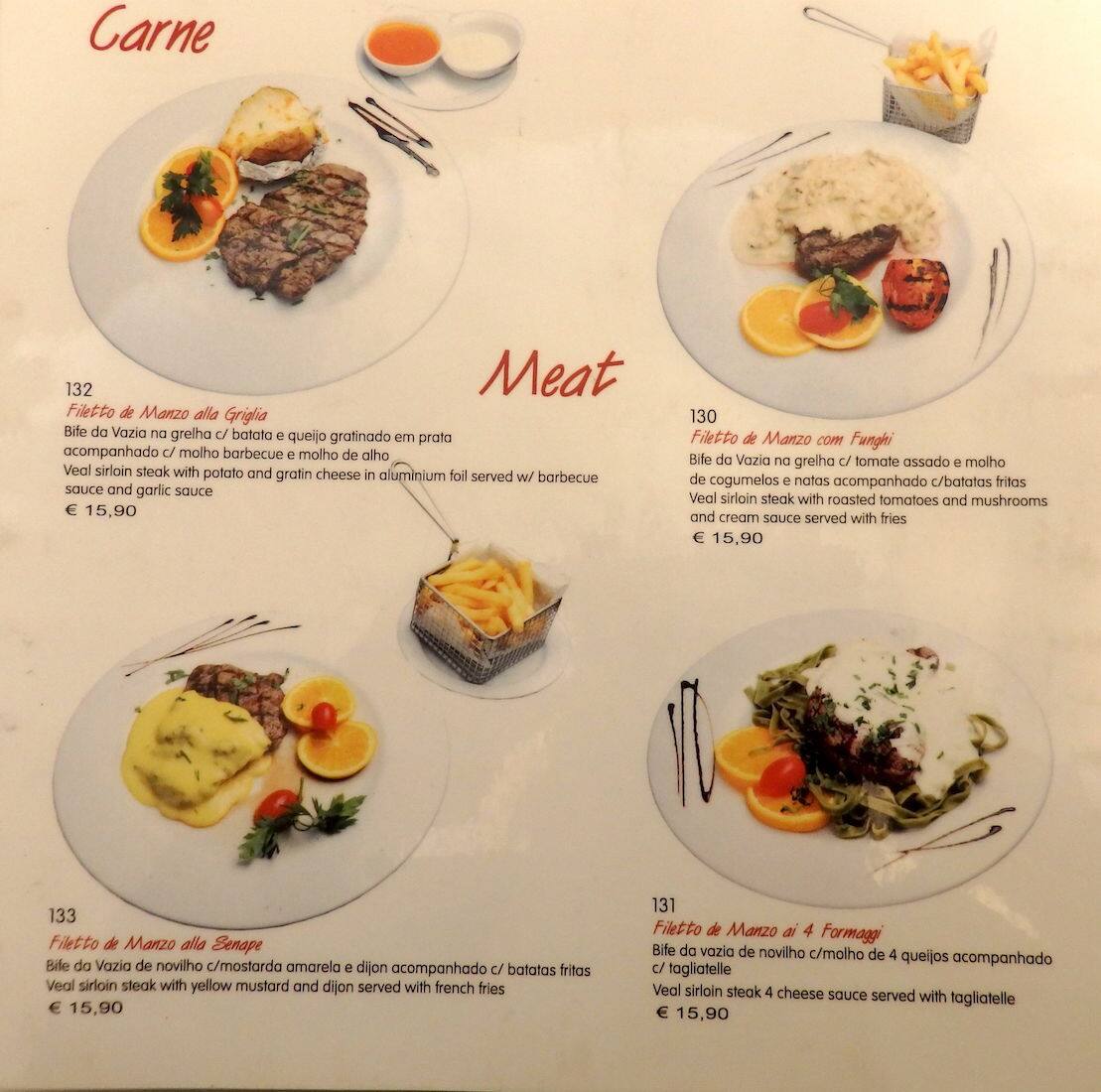 Menu at Al Dante restaurant, Lisbon