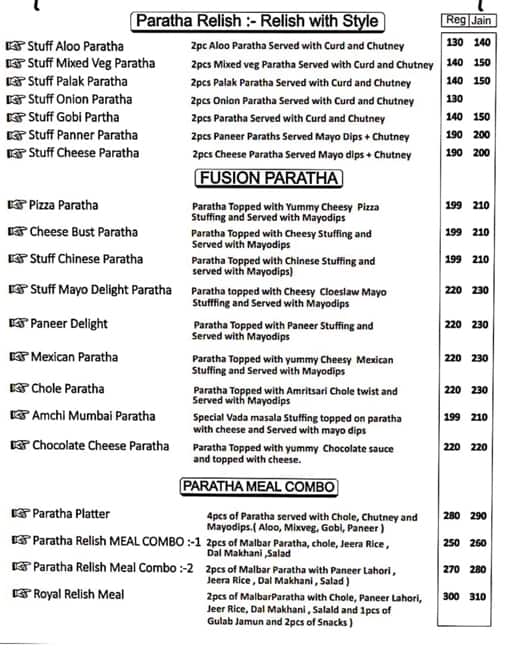 Menu of Paratha Relish, Borivali West, Mumbai