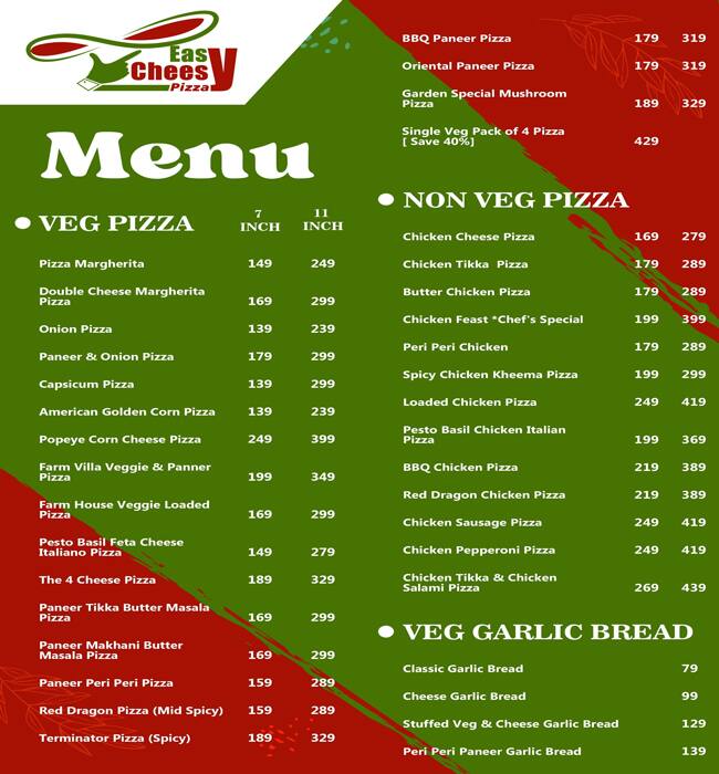 Menu of Easy Cheesy Pizza, Manikonda, Hyderabad