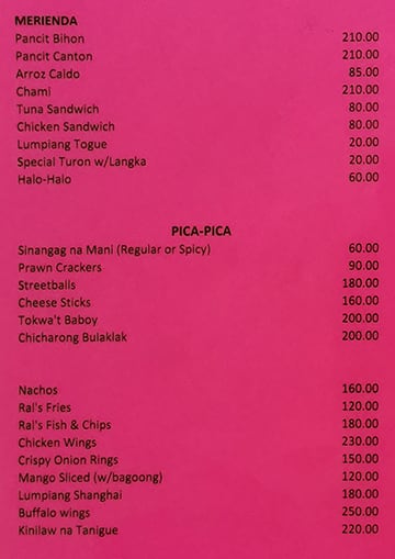 Menu at Ral's restaurant, Quezon City