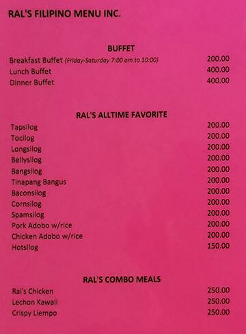 Menu at Ral's restaurant, Quezon City