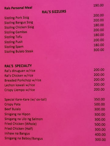 Menu at Ral's restaurant, Quezon City