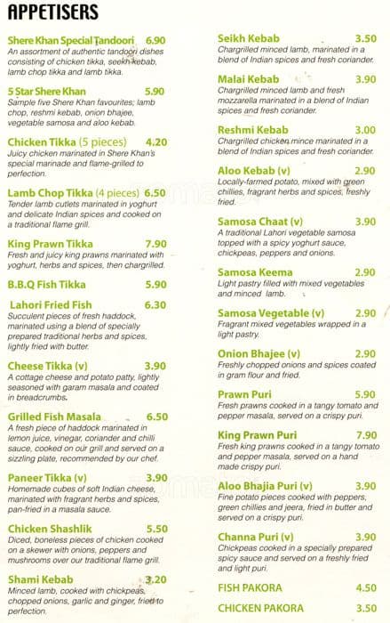 Menu at Shere Khan restaurant, Manchester, 50-52 Wilmslow Rd