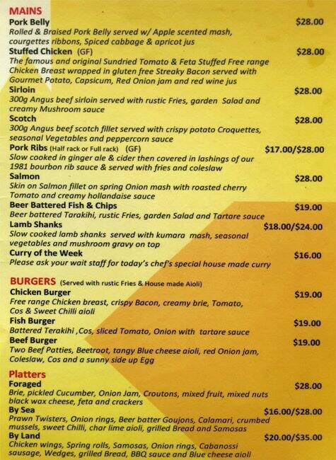 Menu at Nineteen Eighty One pub & bar, Auckland