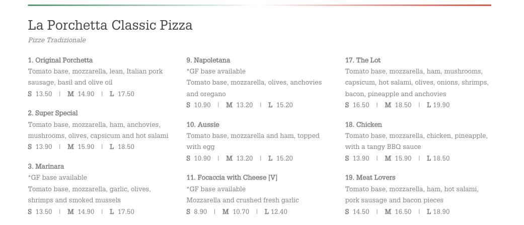 Menu at La Porchetta Albany pizzeria, Auckland, 4a Appian Way